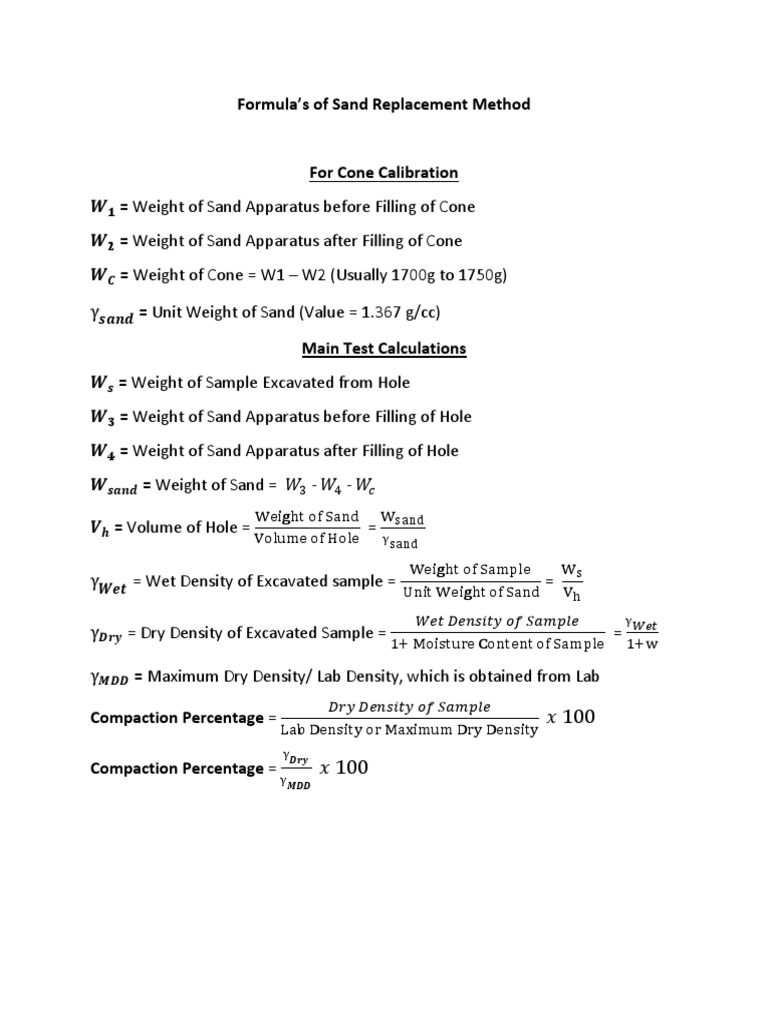 Sand Replacement Calculation | PDF