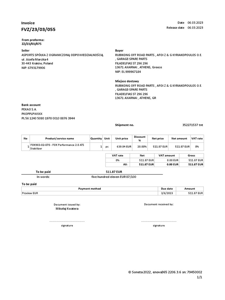 Faktura FVZ - 23 - 03 - 055 PDF | PDF | Corporations | Money