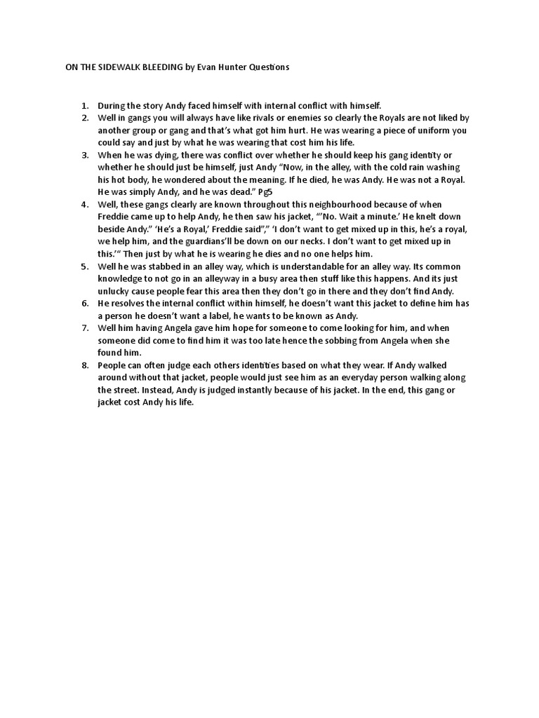 ON THE SIDEWALK BLEEDING by Evan Hunter Questions | PDF