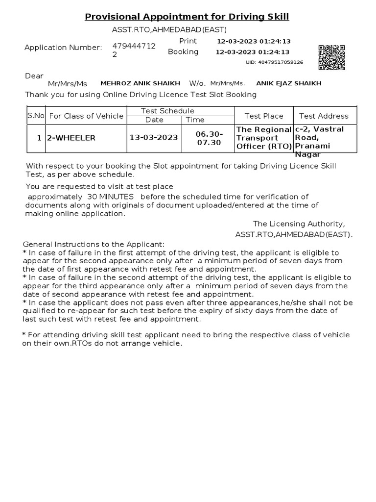 Mehroz DL Test Slot Appointment | PDF | Driver's License | Transport Safety