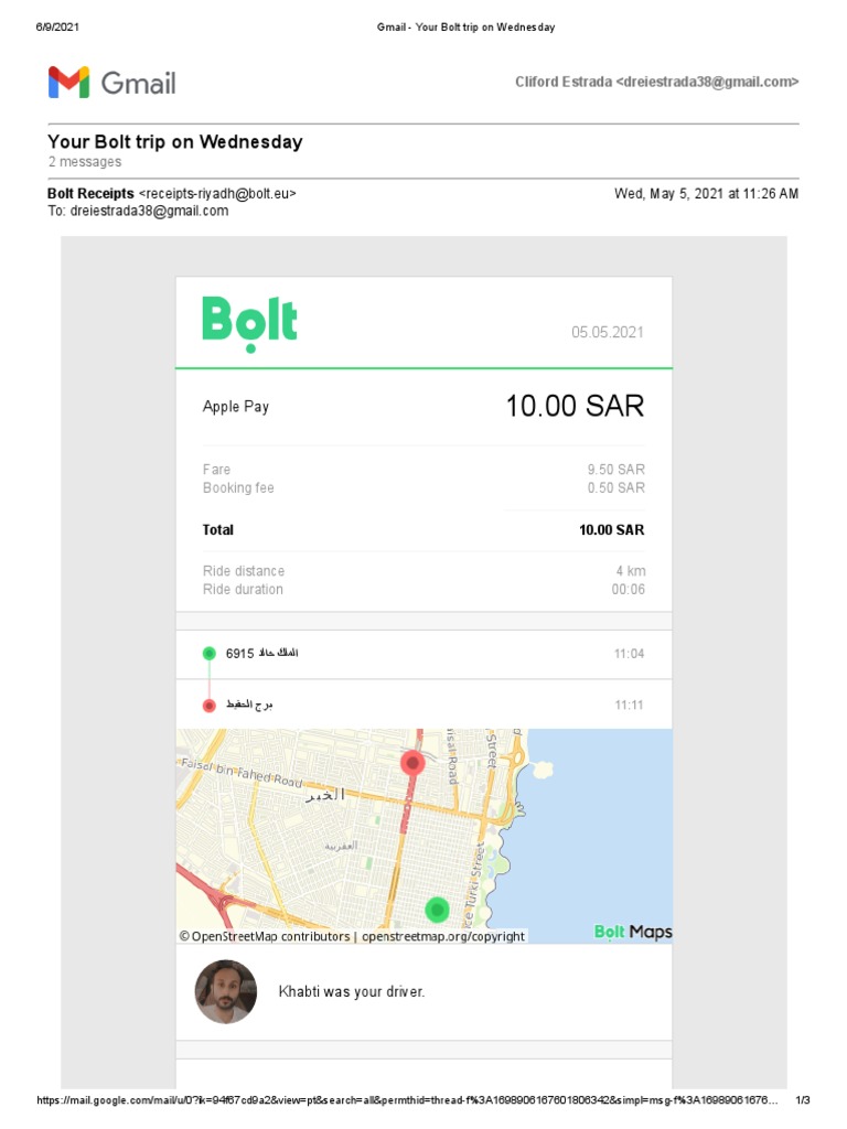 Gmail - Your Bolt Trip On Wednesday | PDF