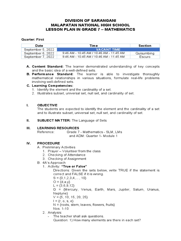 MATHEMATICS - LESSON PLAN GRADE 7 August 30-31 | PDF | Lesson Plan ...