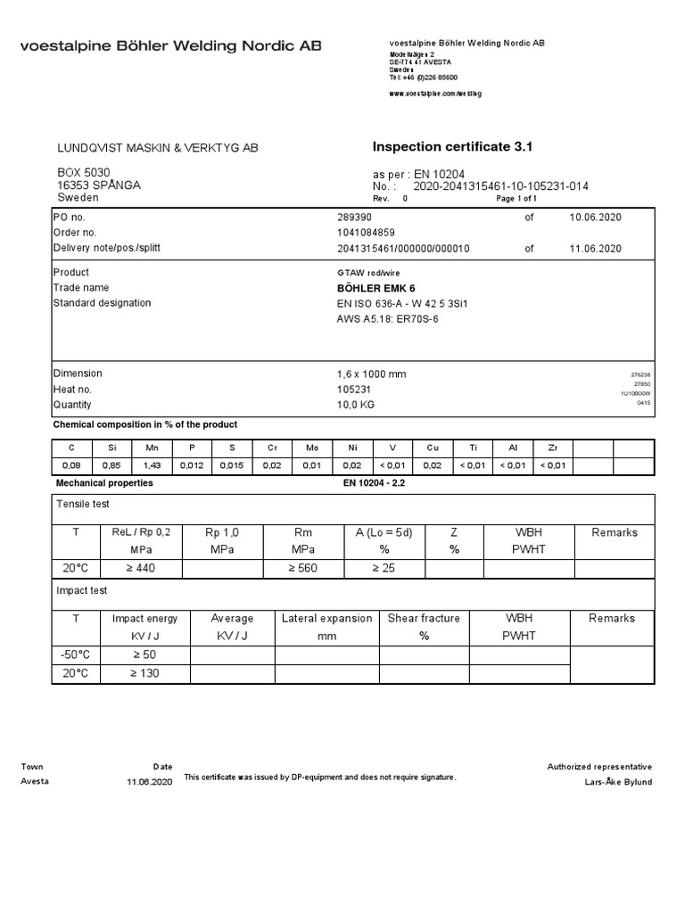 Inspection Certificate for Böhler EMK 6 Welding Wire Detailing Chemical ...