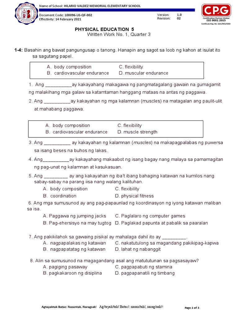 Written Work No. 1, Quarter 3: Physical Education 5 | PDF