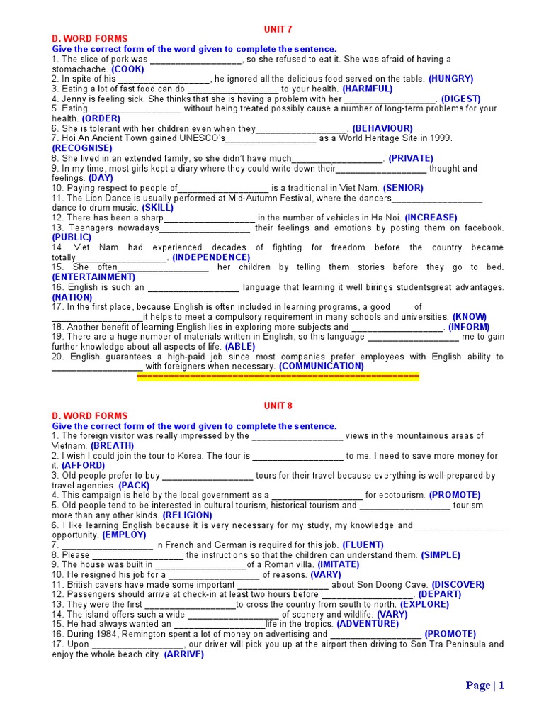 Word Forms E9 (Unit 7-12) N | PDF | English Language | Learning