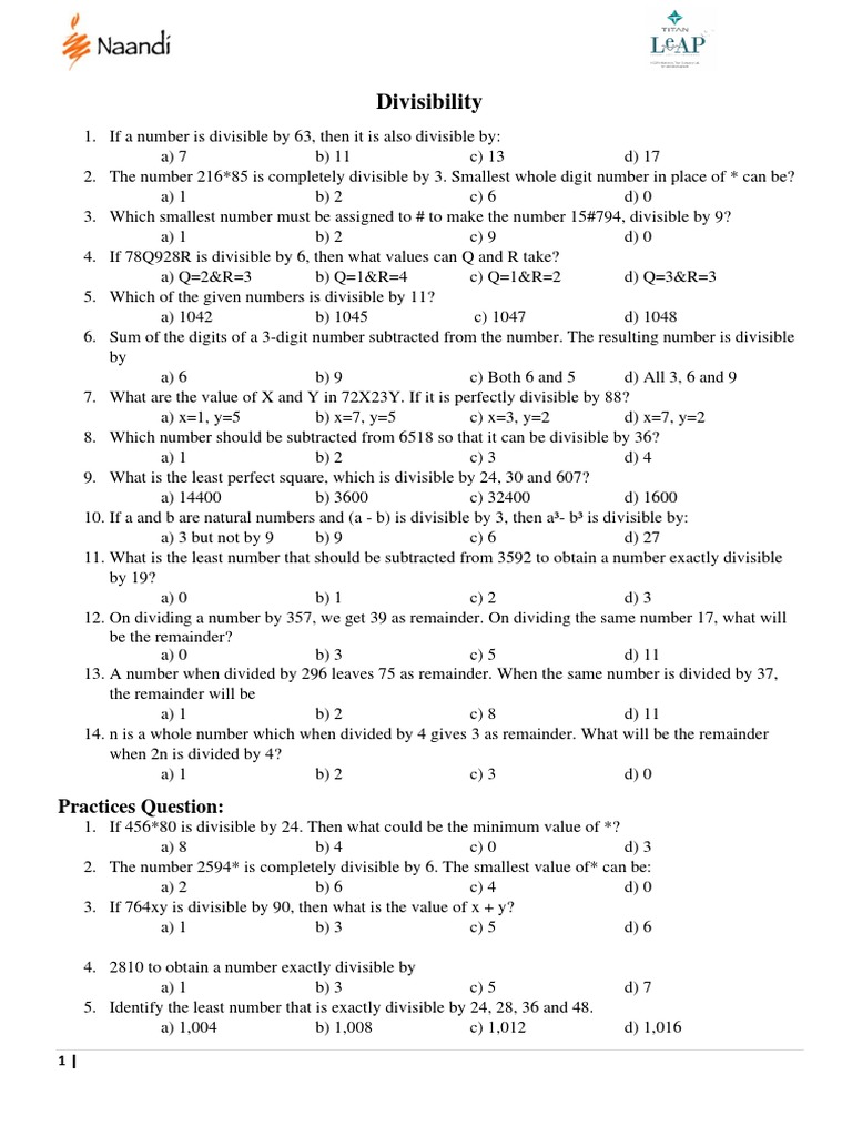 Divisibility Rules, HCF, LCM and Remainder Concepts Practice Questions | PDF | Speed | Profit ...