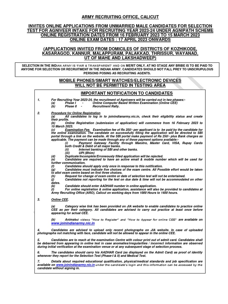 Apply Online for Agniveer Recruitment in Army at ARO Calicut | PDF ...