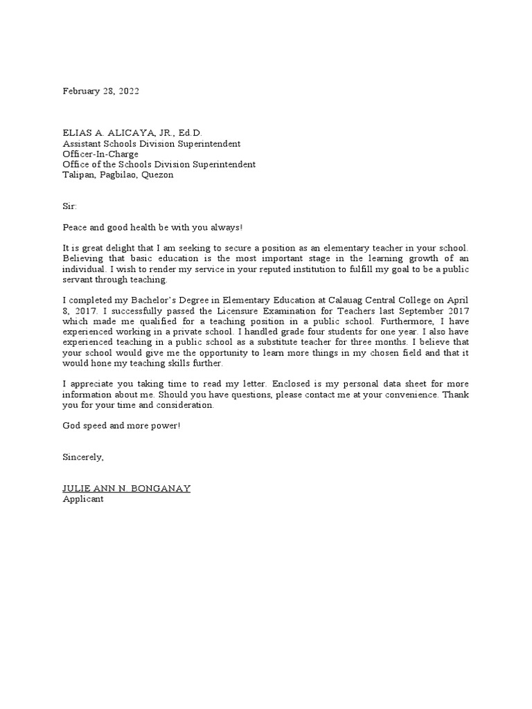 Elementary Teacher Job Application Letter | PDF | Career & Growth ...