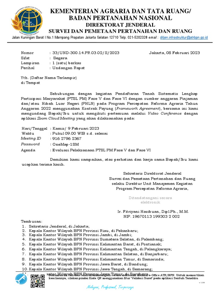 33 Undangan Rapat Evaluasi Pelaksanaan PTSL PM Fase V Dan Fase VI PDF | PDF