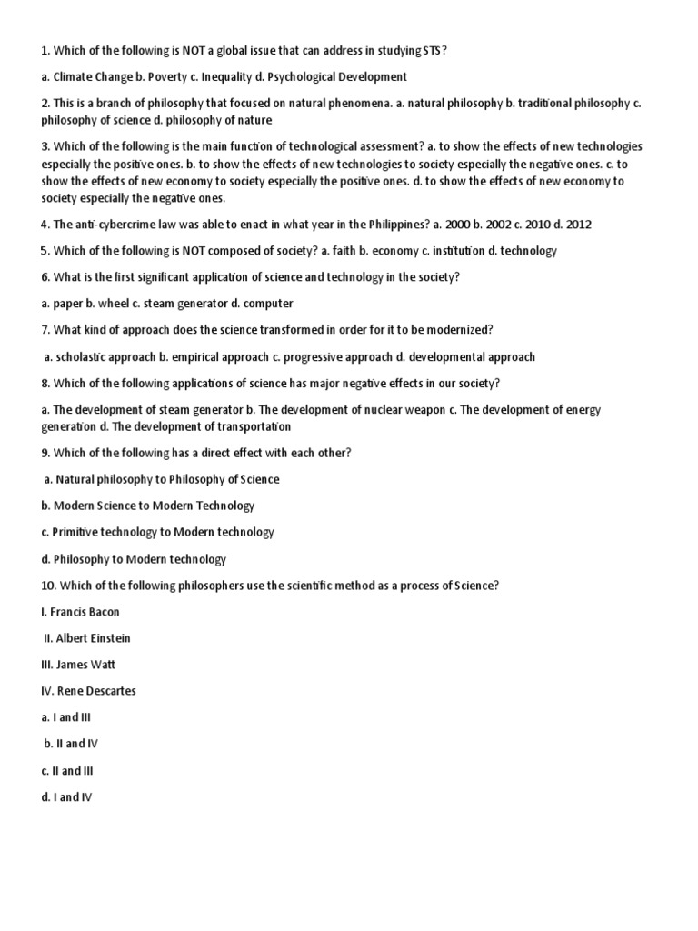 STS Quiz: Global Issues and Philosophy | PDF | Finance & Money ...