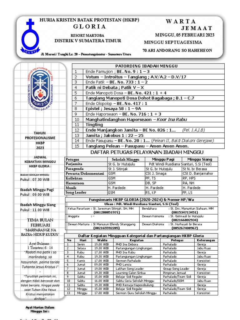 Warta Jemaat Minggu Septuagesima HKBP Gloria 050223 | PDF