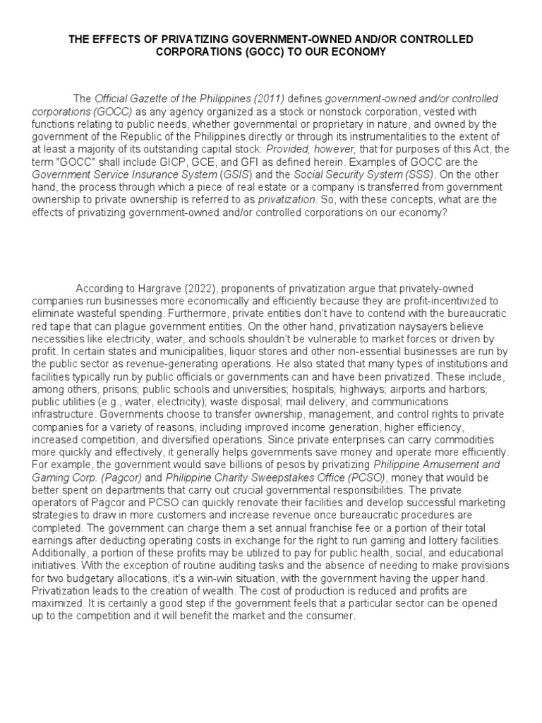 Impact of Privatizing GOCCs on Economy | PDF | Privatization | Monopoly