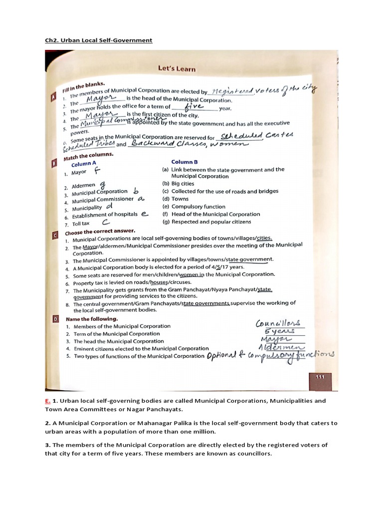 CH 2 Civics Urban Local Self Government cl6 | PDF | Public Services | Government