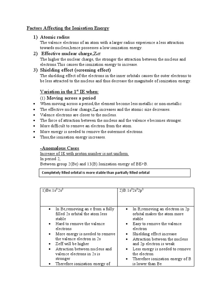 Factors Affecting The Ionisation Energy | PDF | Atomic Orbital | Atomic Nucleus