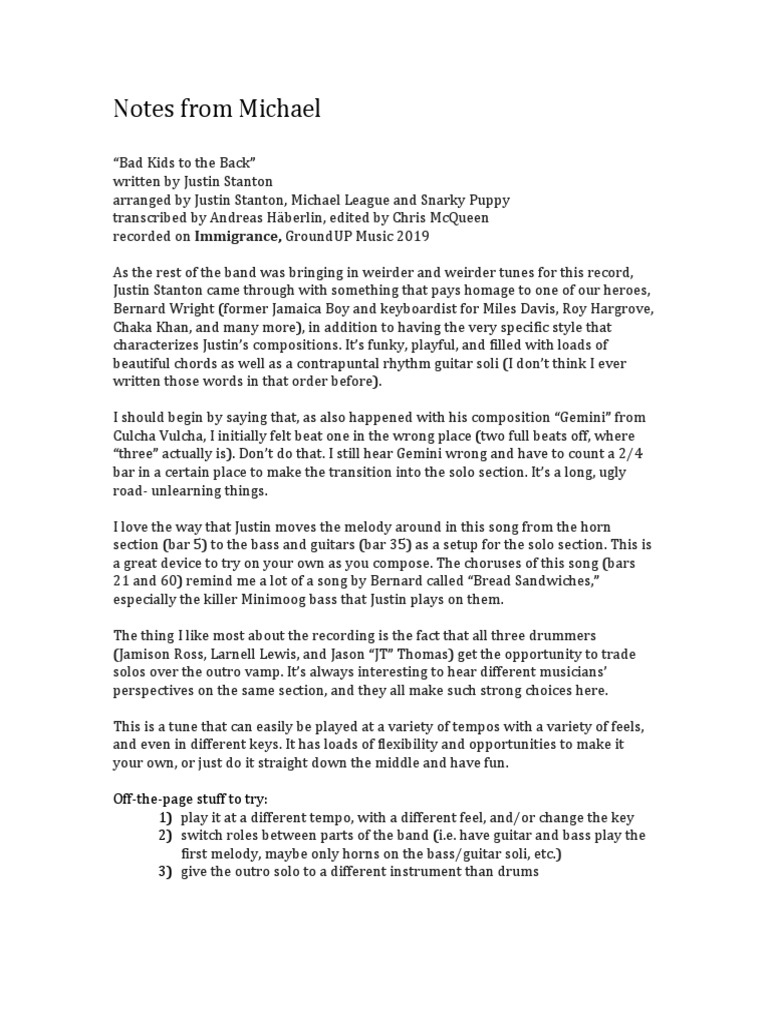 Snarky Puppy Official Songbook Notes - Bad Kids To The Back | PDF