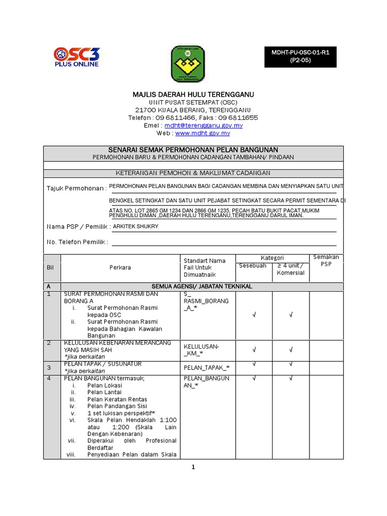 Borang Checklist Kemasukan Pelan Bangunan PDF | PDF