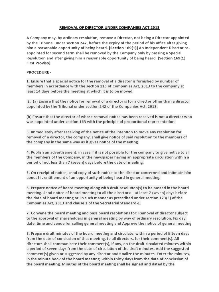 Removal of Director Procedure 2013 | PDF | Business | Private Law