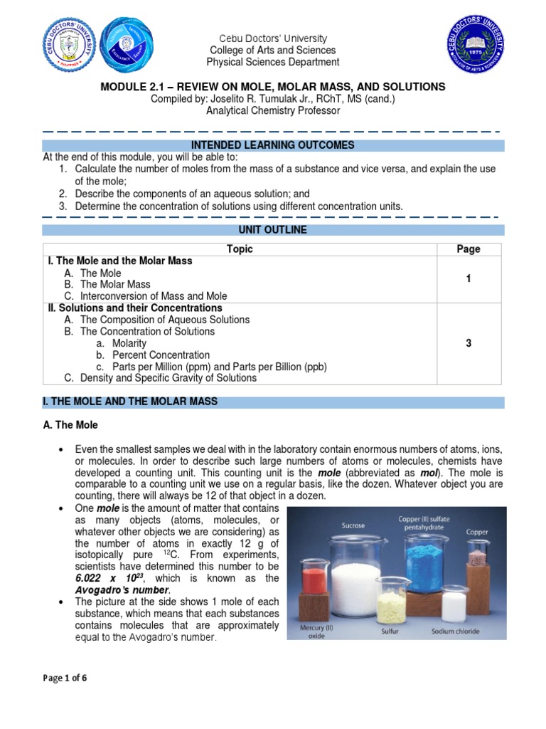 Mole, Molar Mass, and Solutions Guide | PDF | Mole (Unit) | Parts Per ...