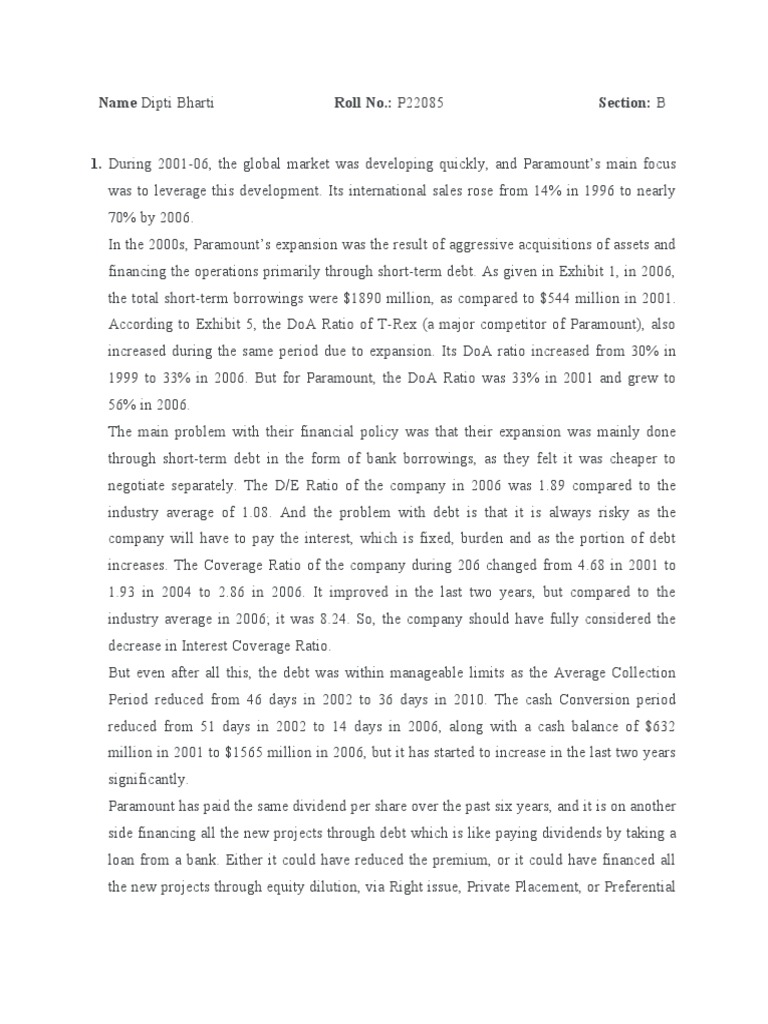 Paramount Case Study | PDF | Debt | Dividend