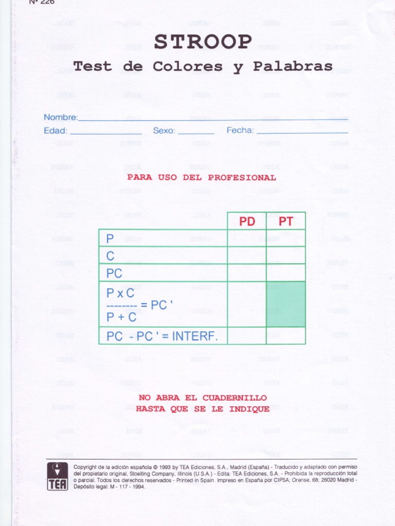 Test de Colores y Palabras-Hoja Respuestas | PDF