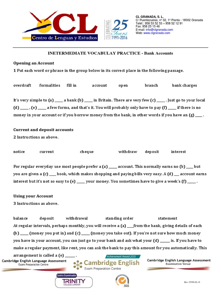Intermediate Vocabulary: Bank Accounts | PDF | Banks | Cheque