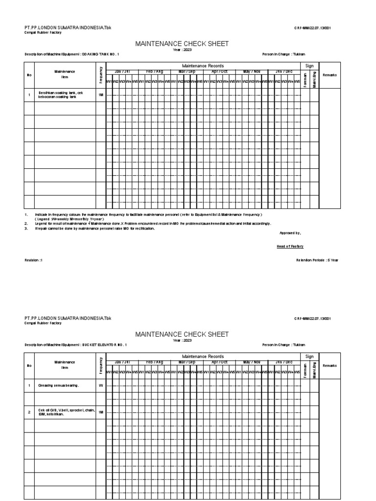 2.form Maintenance Check Sheet (LG Station) | PDF | Machines ...