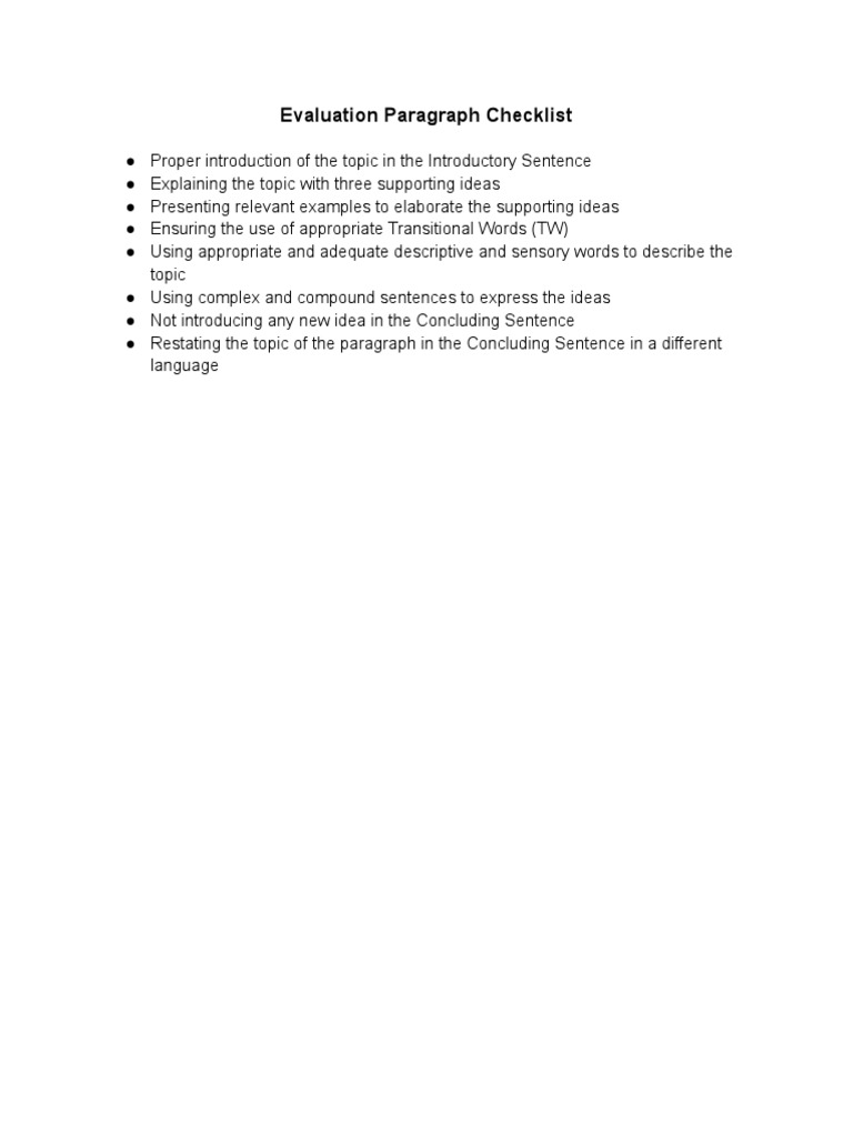 Evaluation Paragraph Checklist PDF | PDF