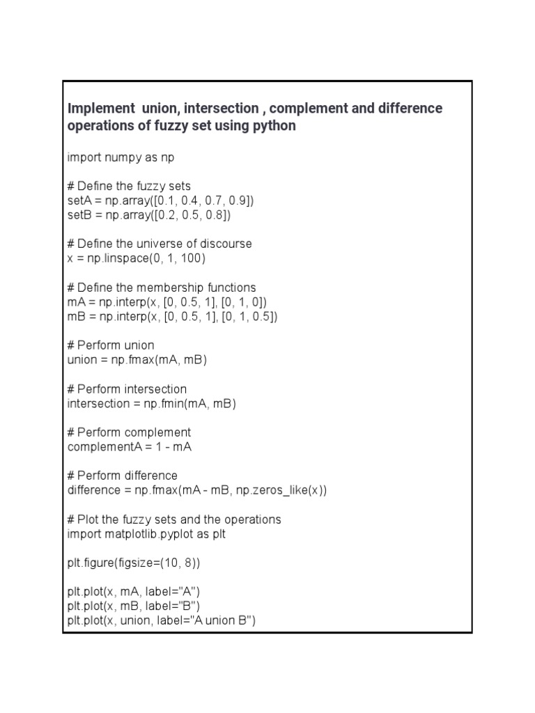 Implement Union, Intersection, Complement and Difference Operations of Fuzzy Set Using Python | PDF