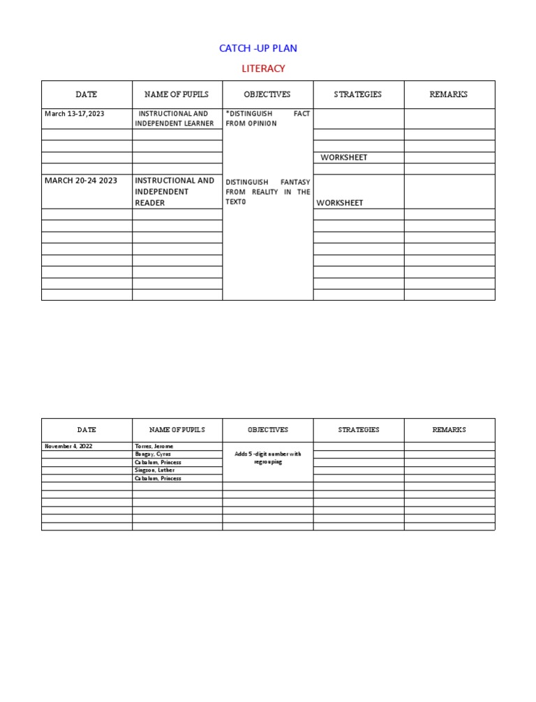 Literacy Catch-Up Plan Template | PDF