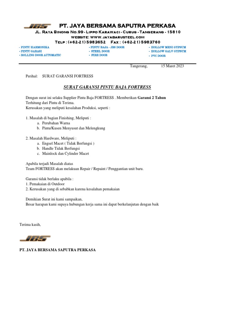 9.a Surat Garansi Pintu Fortress | PDF