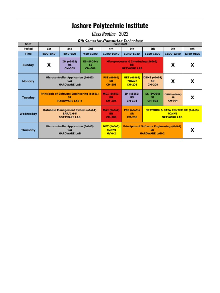 6th Semester Class Routine 2022 - Sheet1 | PDF | Technology & Engineering
