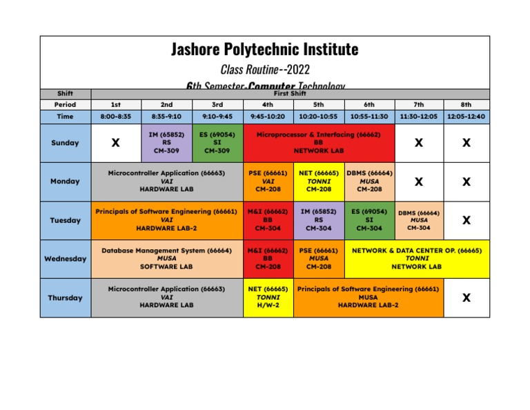 Jashore Polytechnic 6th Semester Schedule | PDF | Computers