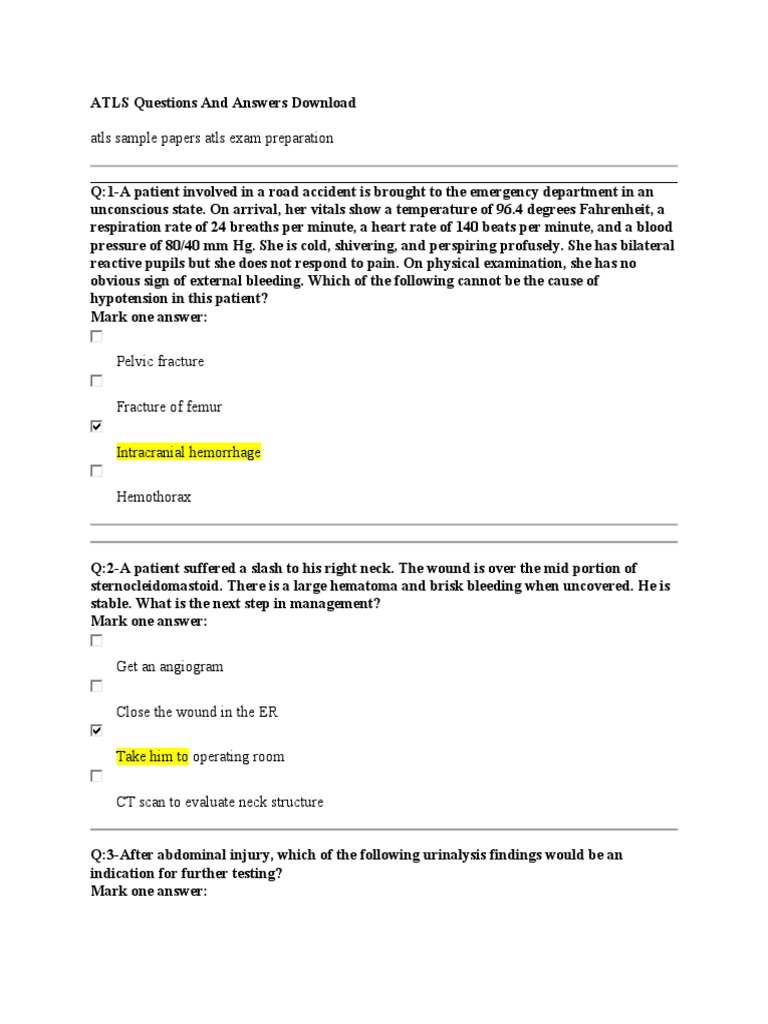 ATLS Practice Questions Free | PDF | Injury | Breathing