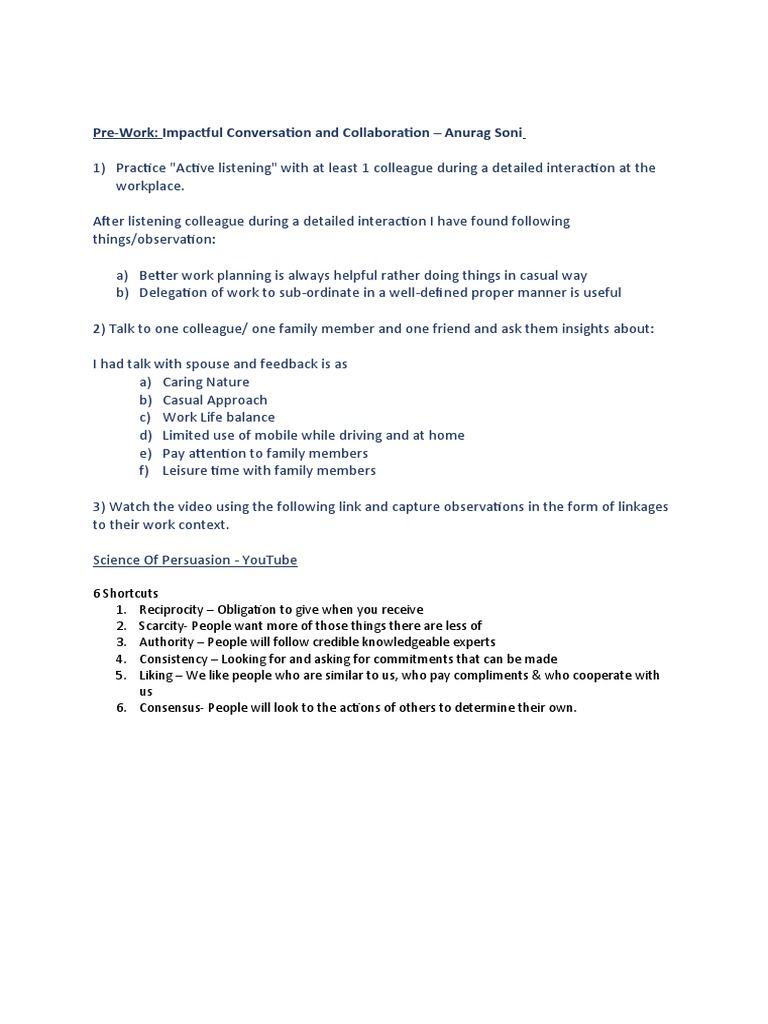 Pre-Work - Impactful Conversations and Collaboration - Anurag Soni | PDF
