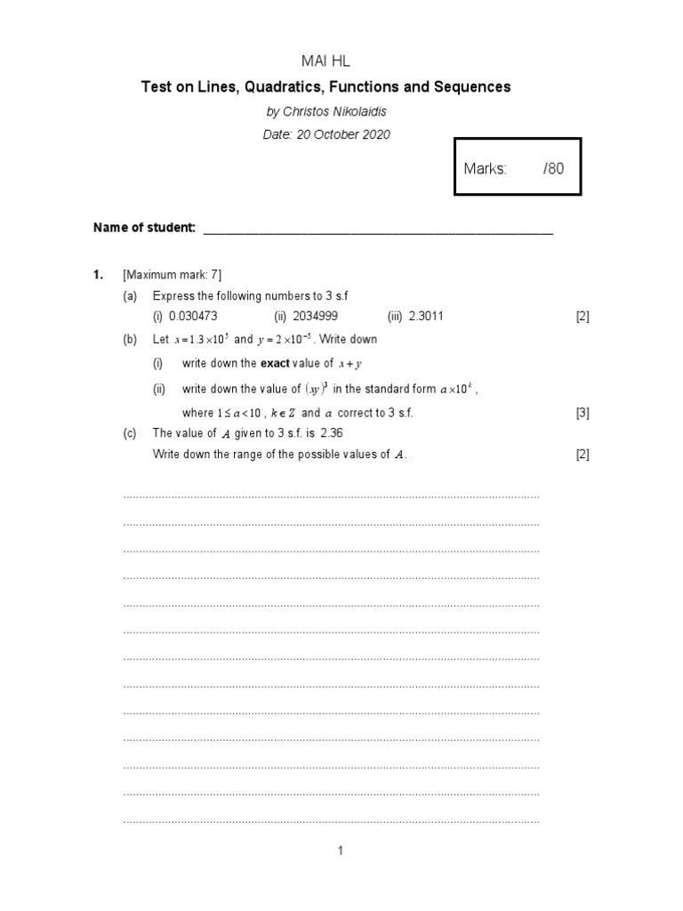 TEST 1 Lines, Quadratics, Functions, Sequences-2 | PDF | Triangle ...