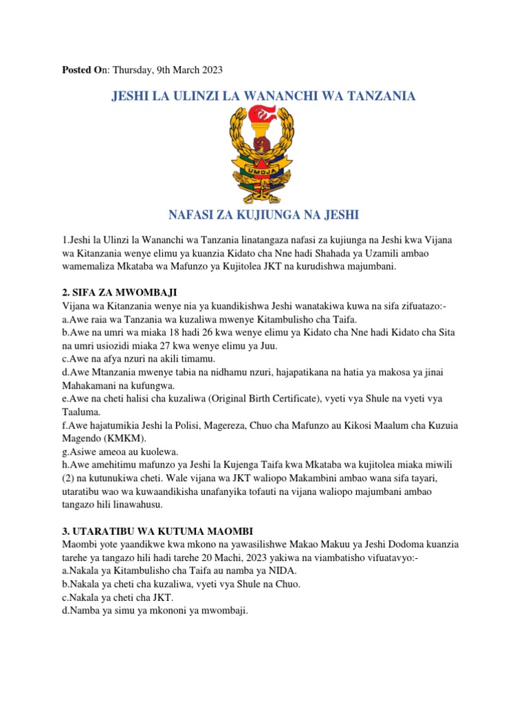 Ajira Mpya JWTZ March 2023 | PDF