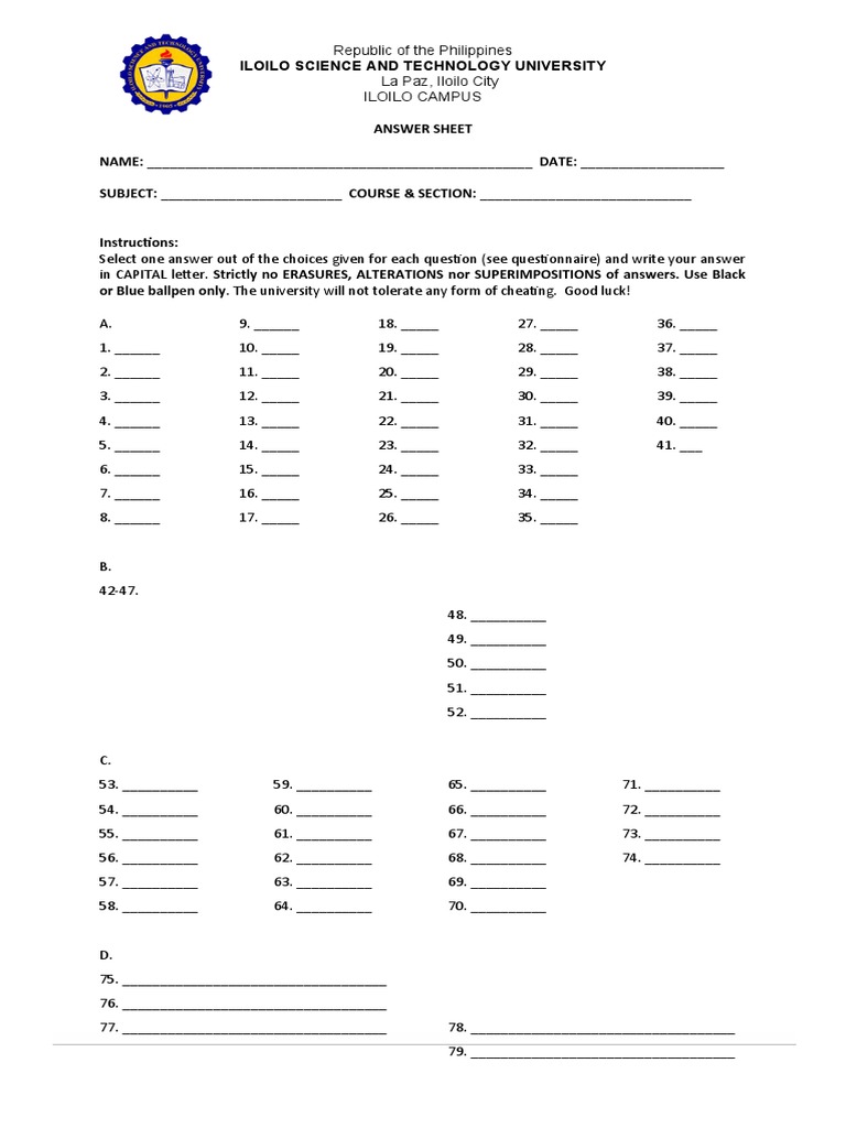 Sci11Lec MidtermExam AnswerSheet | PDF