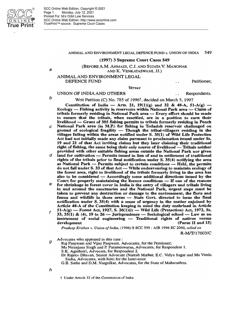 Animal and Environment Legal Defence Fund v. UOI (WP NO. 785 of 1995 ...