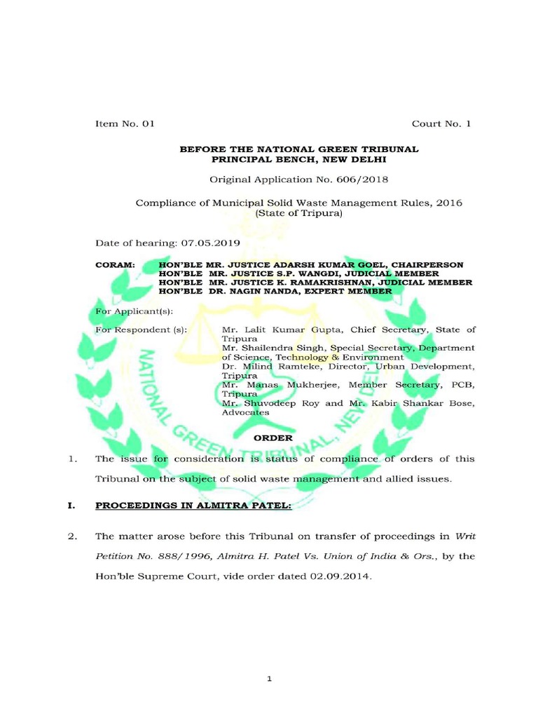 Compliance of SWM Rules, 2016 (State of Tripura), O.A 606 of 2018 | PDF | Waste | Municipal ...