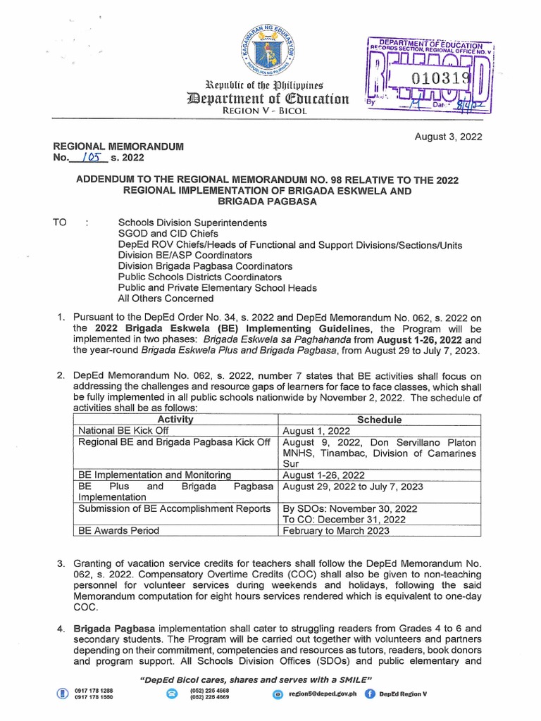 RM - 105 S - 2022 Addendum To The Regional Memorandum No. 98 Relative ... RM - 105 S - 2022 Addendum To The Regional Memorandum No. 98 Relative ...
