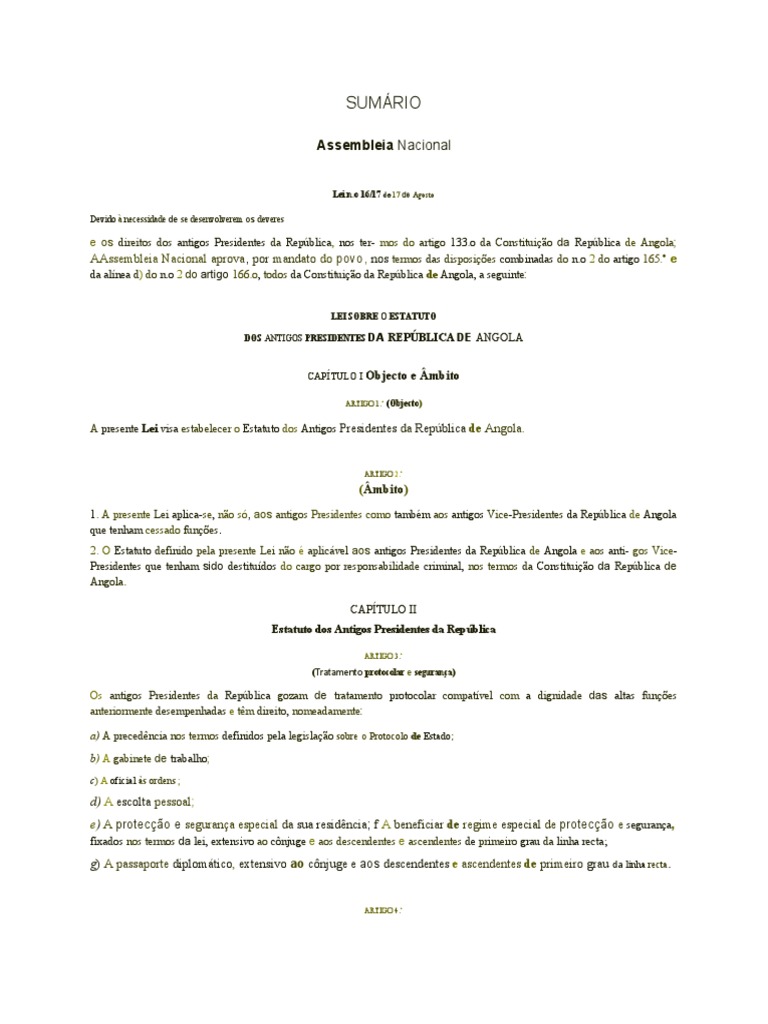 Lei que estabelece o estatuto dos antigos Presidentes e Vice ...