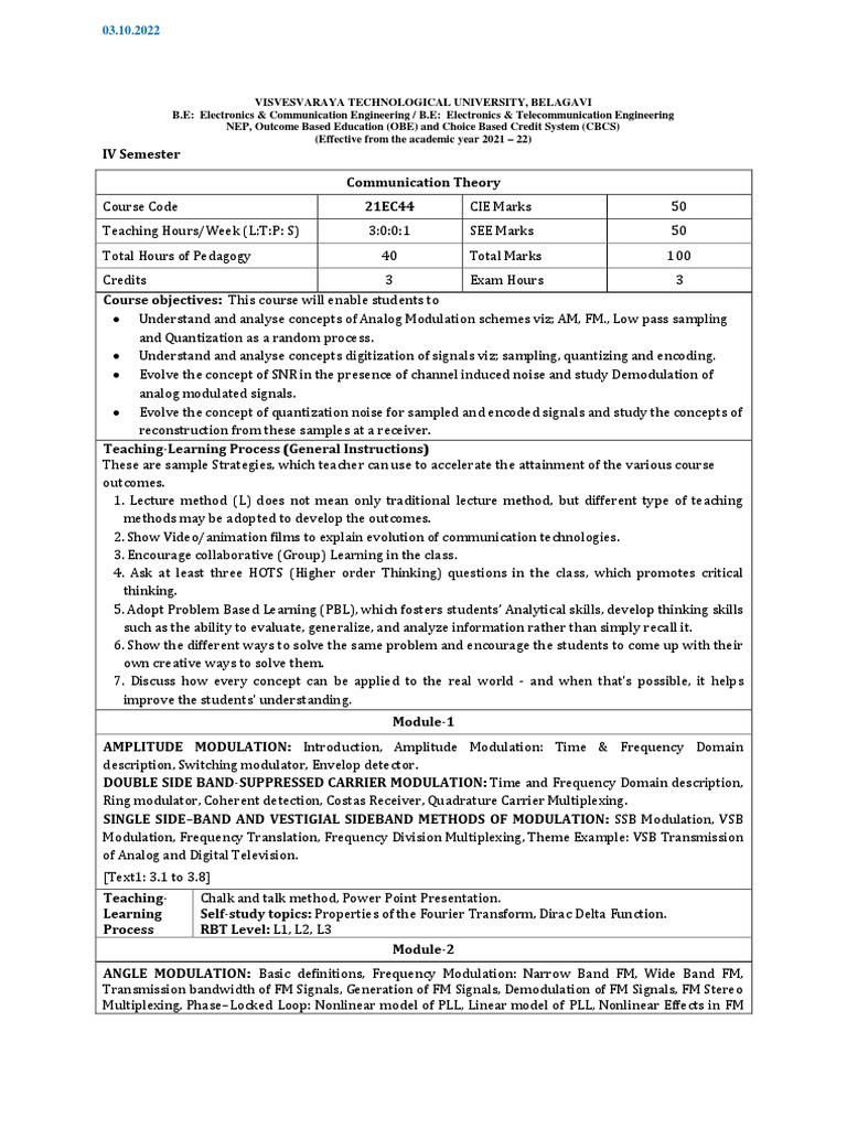 21ec44 Syllabus Pdf Frequency Modulation Modulation