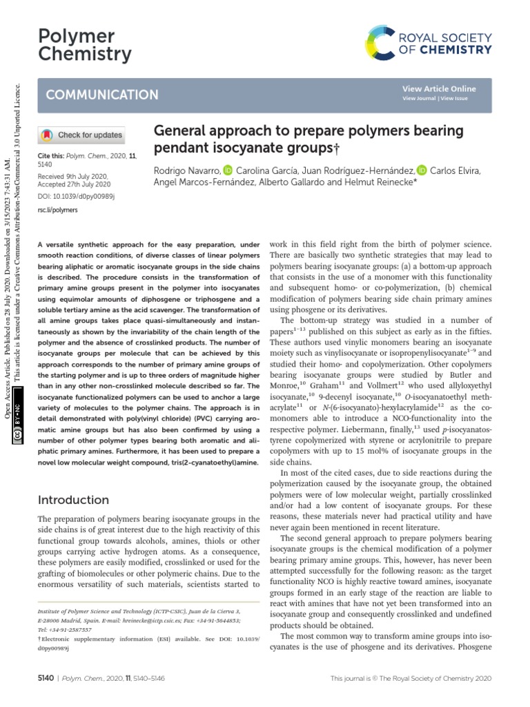 Polymer Chemistry: General Approach To Prepare Polymers Bearing Pendant Isocyanate Groups | PDF ...