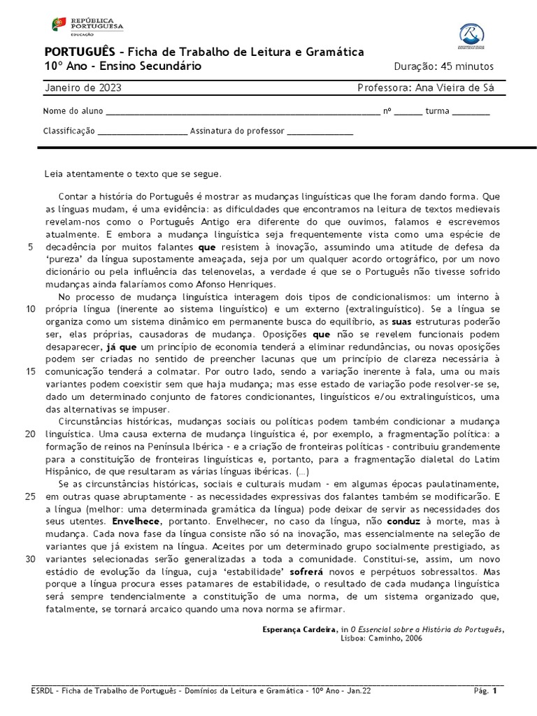 10º Ano - Ficha Trabalho 1 - Leitura & Gram - Jan.23 | PDF | Português (idioma) | Linguística