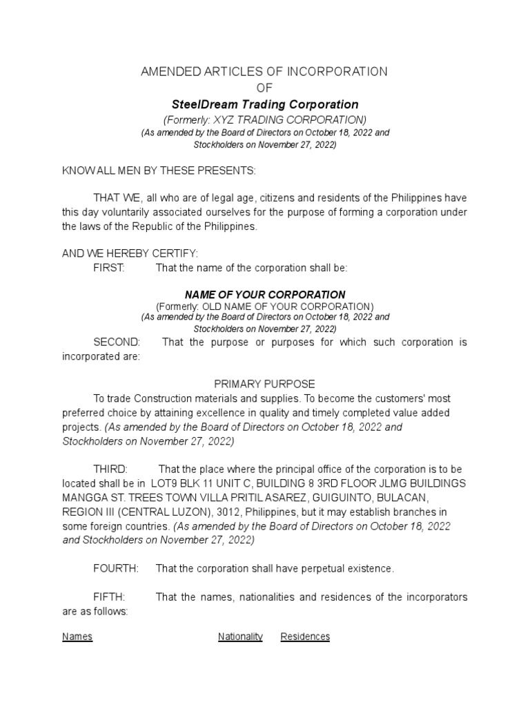 Amended Articles of Incorporation and Directors Certificate PDF | PDF ...