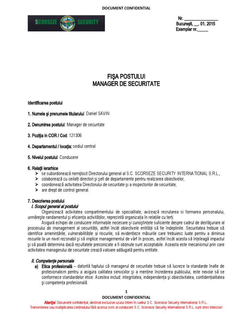 FISA POST Manager de Securitate | PDF
