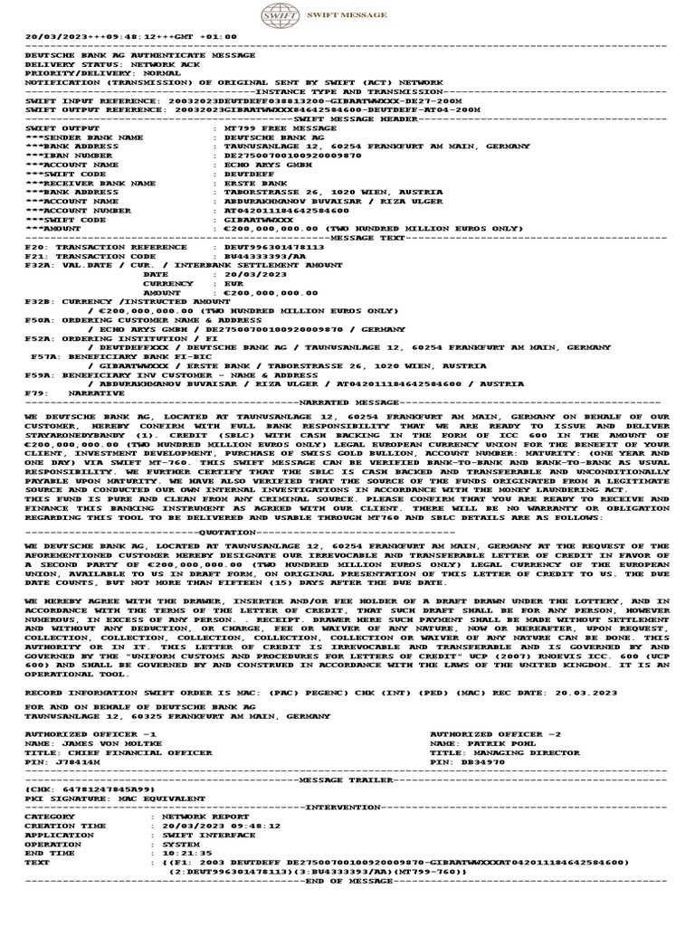 MT 799 Swift Message | PDF | Letter Of Credit | Banks