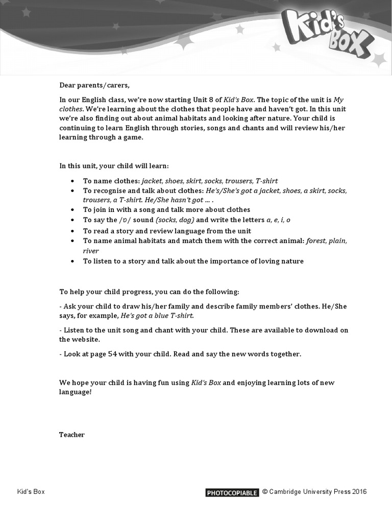 Kid's Box 2nd Ed Letter To Parents L1 U8 | PDF