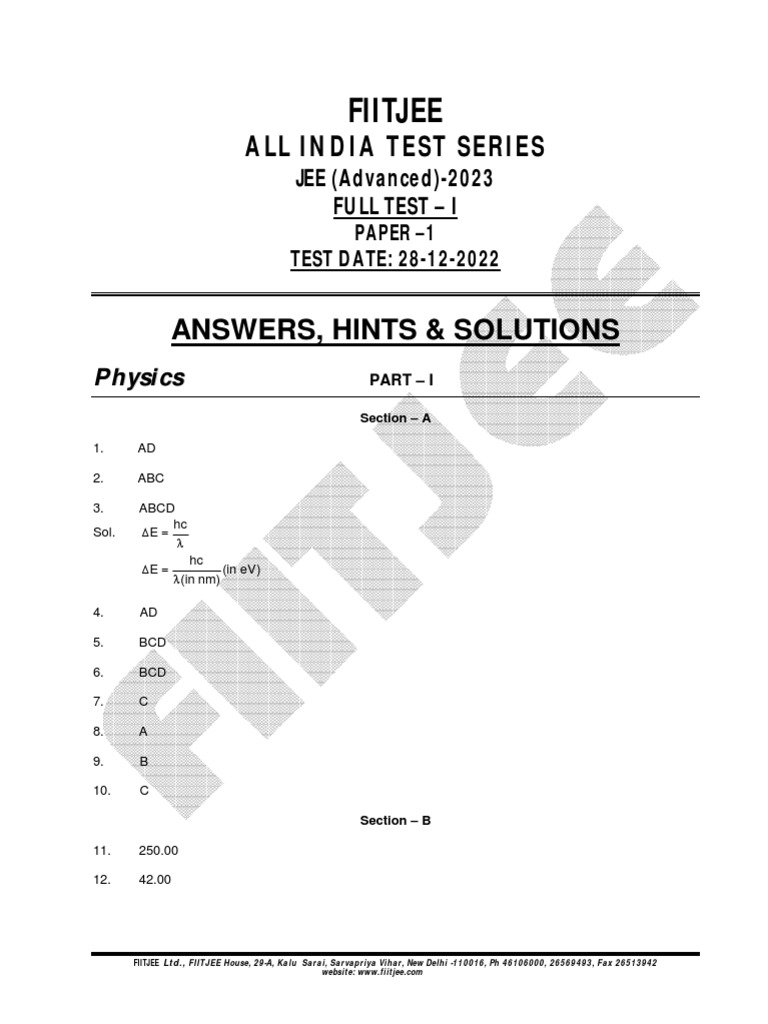 JEE Advanced 2023 AITS Paper 1 Solutions | PDF