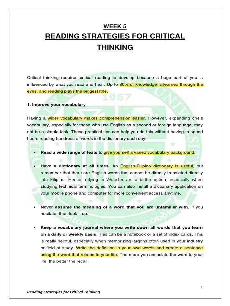Week 5 - READING STRATEGIES FOR CRITICAL THINKING-1 | PDF | Speed ...